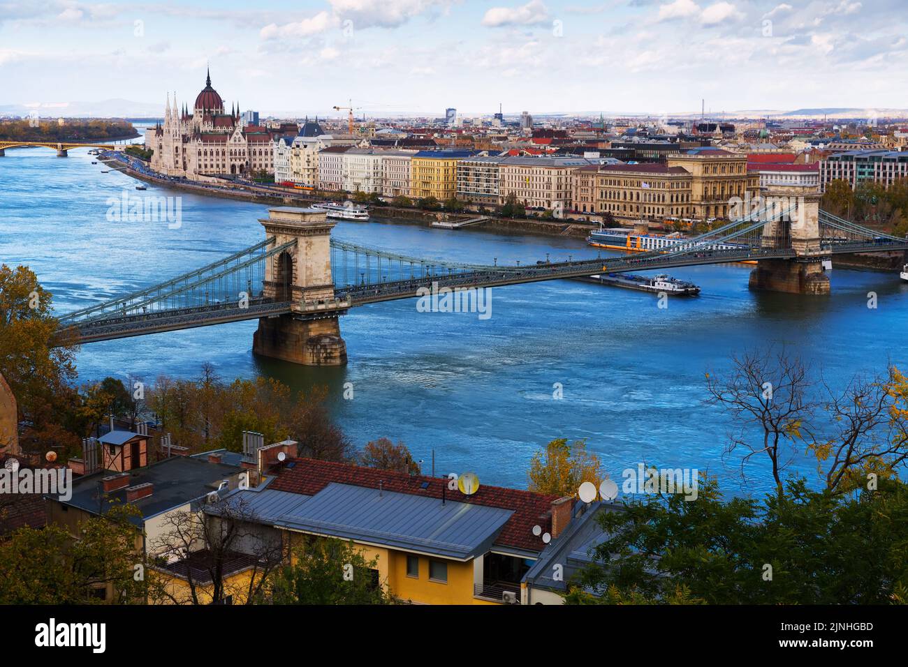 Historical center of Budapest with Chain Bridge and Parliament Stock ...
