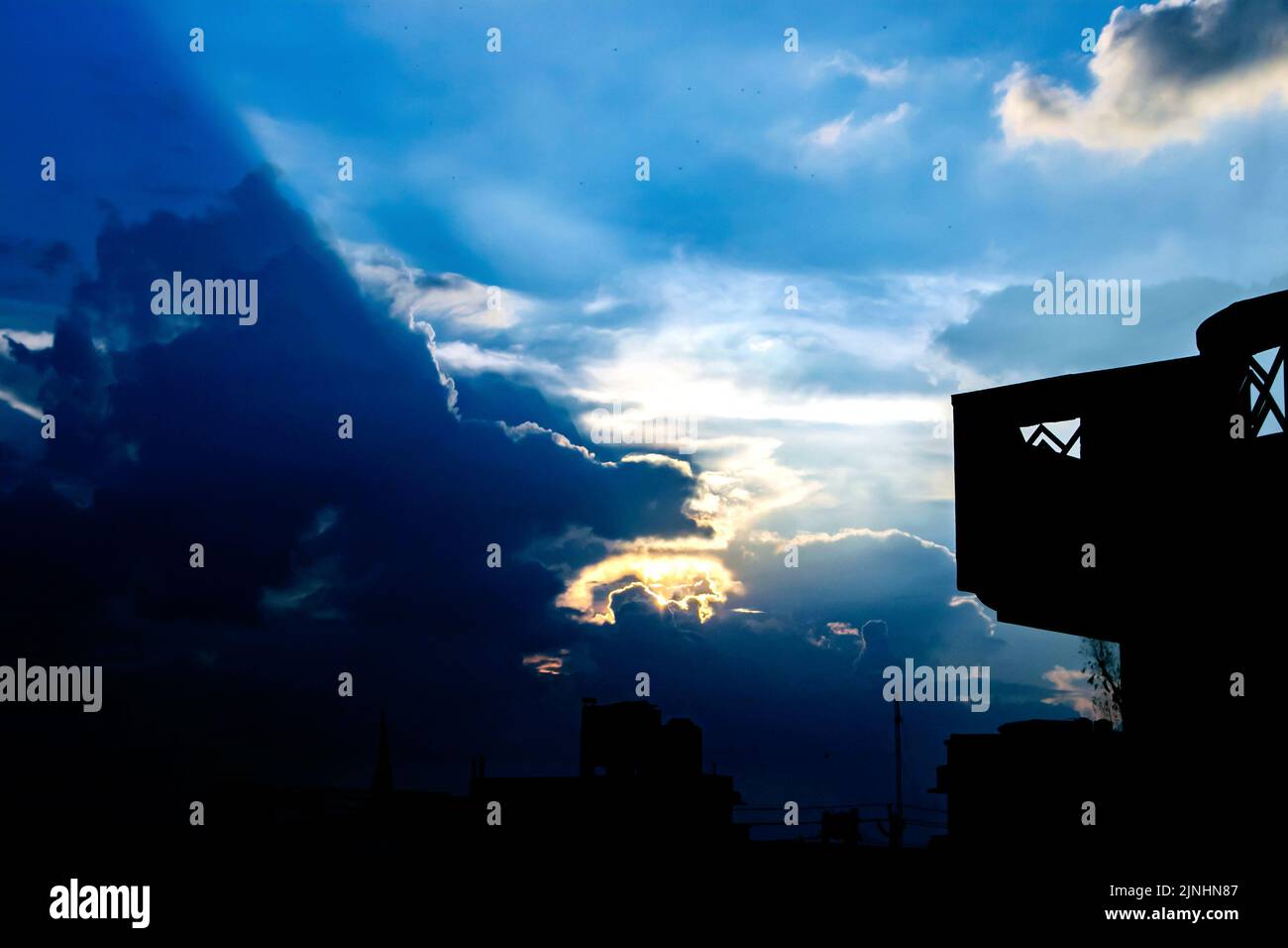 An outdoor view of a balcony of an old building on a cloudy day Stock ...