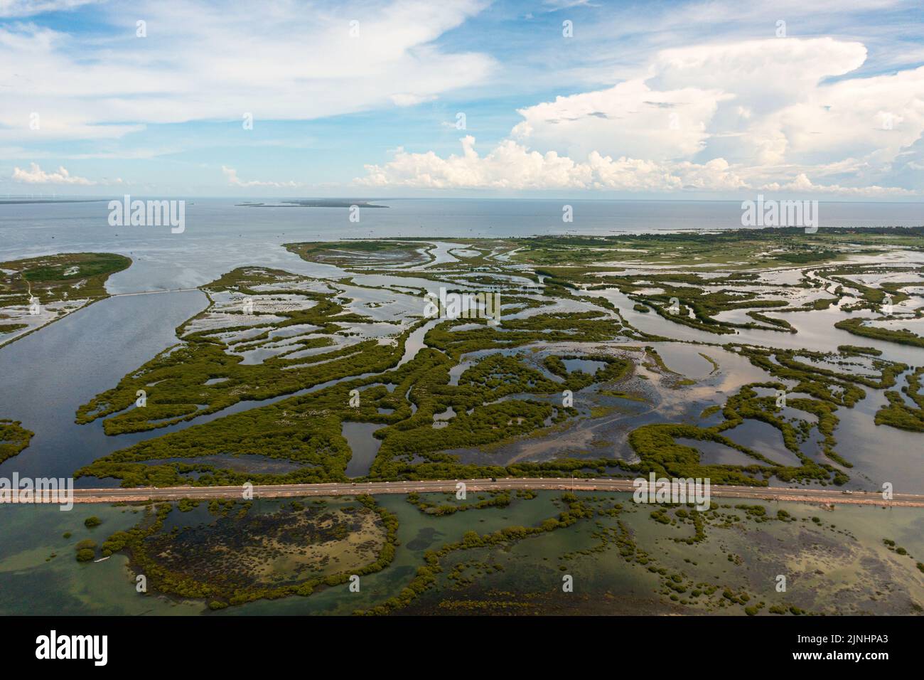 Aerial view of road between the city of Jaffna and the islands in the ...