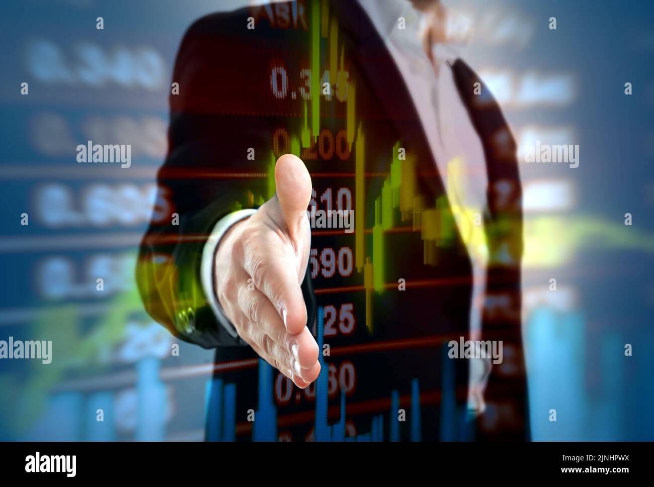 Businessman open hand with stock market transaction data and chart in ...