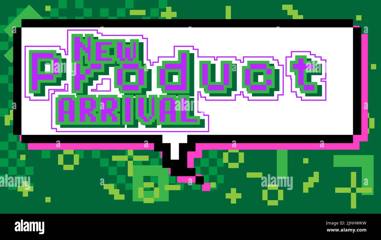 New Product Arrival. Pixelated word with geometric graphic background ...
