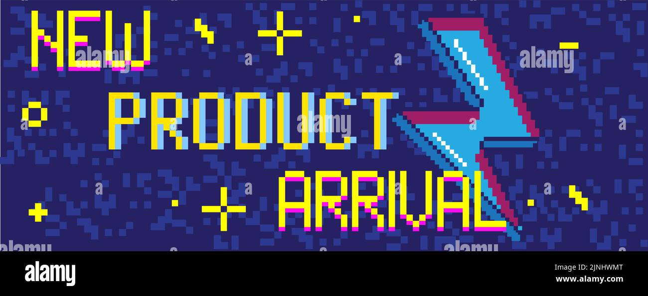 New Product Arrival. Pixelated word with geometric graphic background ...