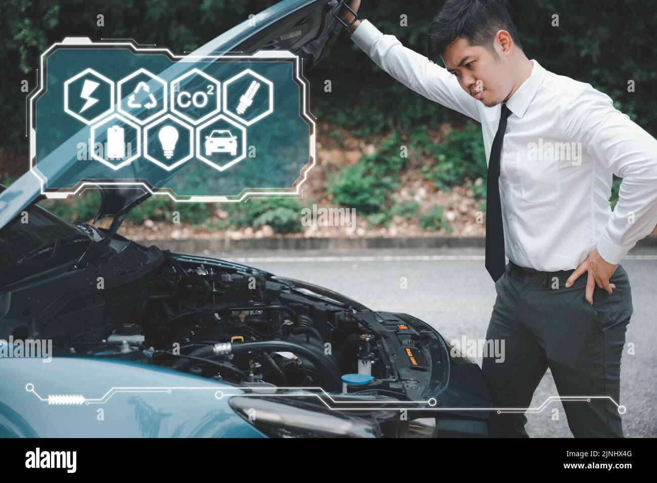 Asian businessman car broken breakdown, young stressed man having ...