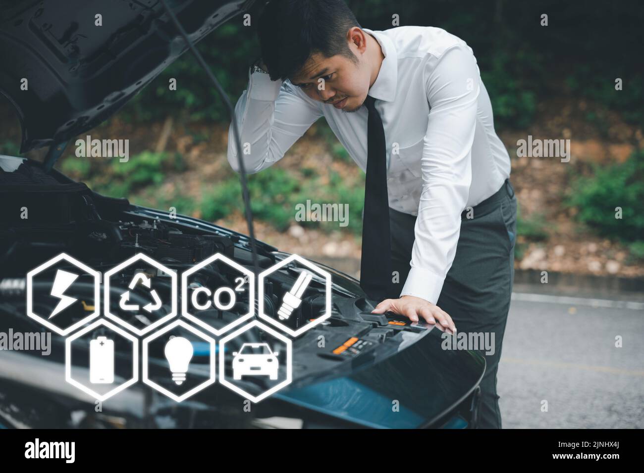 Asian businessman car broken breakdown, young stressed man having ...