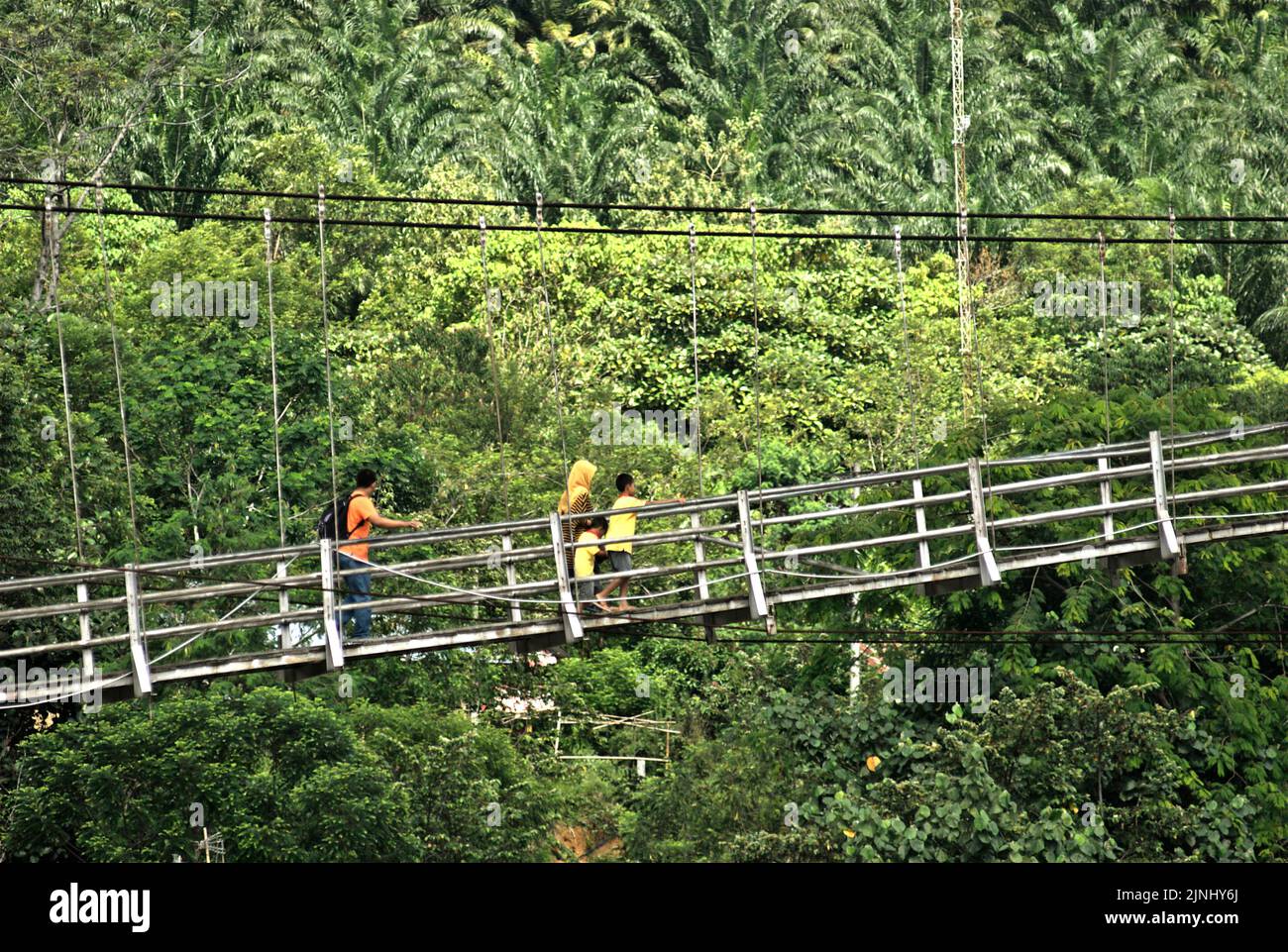 People walking on a hanging bridge, crossing over Bahorok river in ...