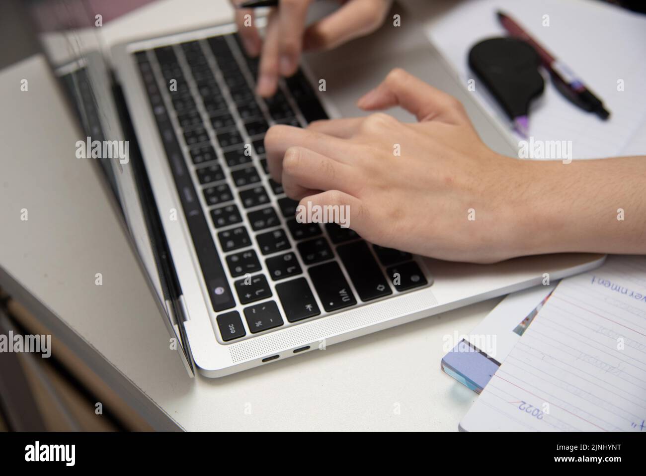 Woman hand using keyboard computer laptop internet communication social ...