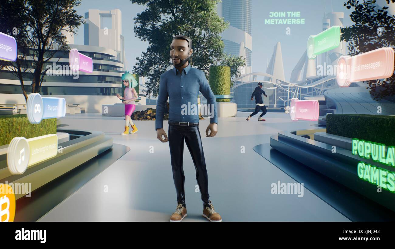 Illustration of Avatar of person in the virtual city of metaverse, with ...