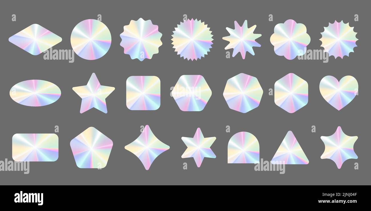 Holographic stickers set. Silver label gradient stamps. Metal texture ...