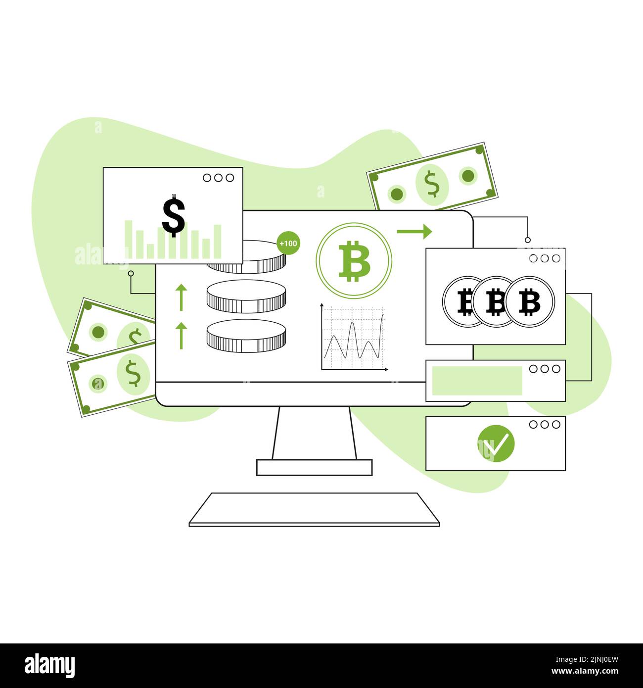 desktop display showing infographics and coins bitcoin dollar bills ...