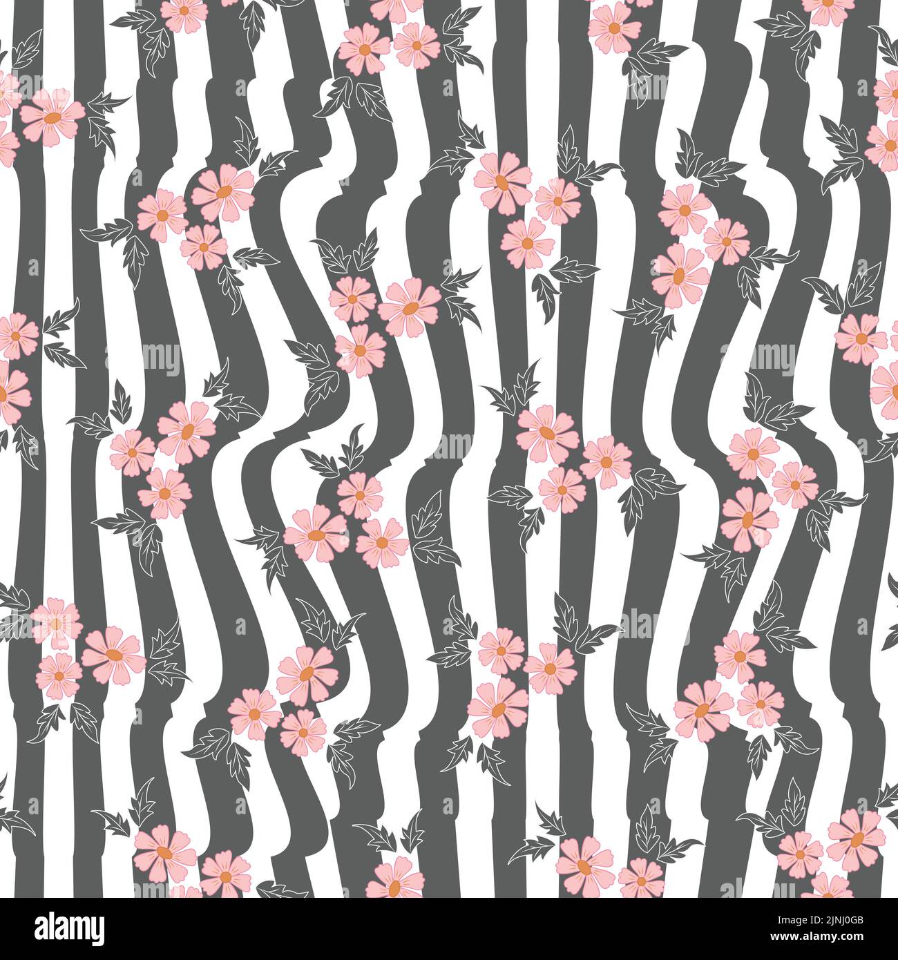 Pink flowers bouquets grey white stripes vector floral pattern. Elegant ...