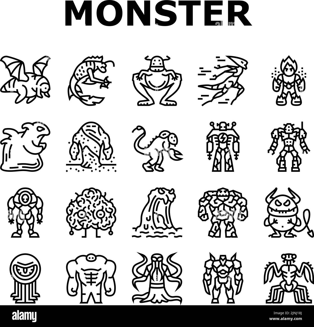 Monster Scary Fantasy Characters Icons Set Vector Stock Vector Image ...
