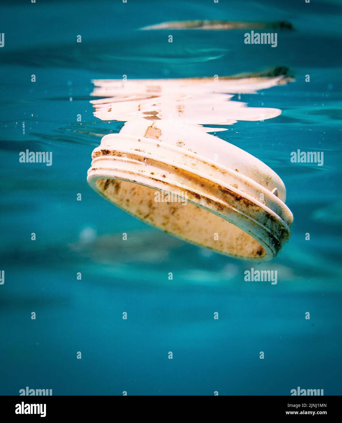 A closeup of a piece of plastic in the blue ocean water - pollution ...