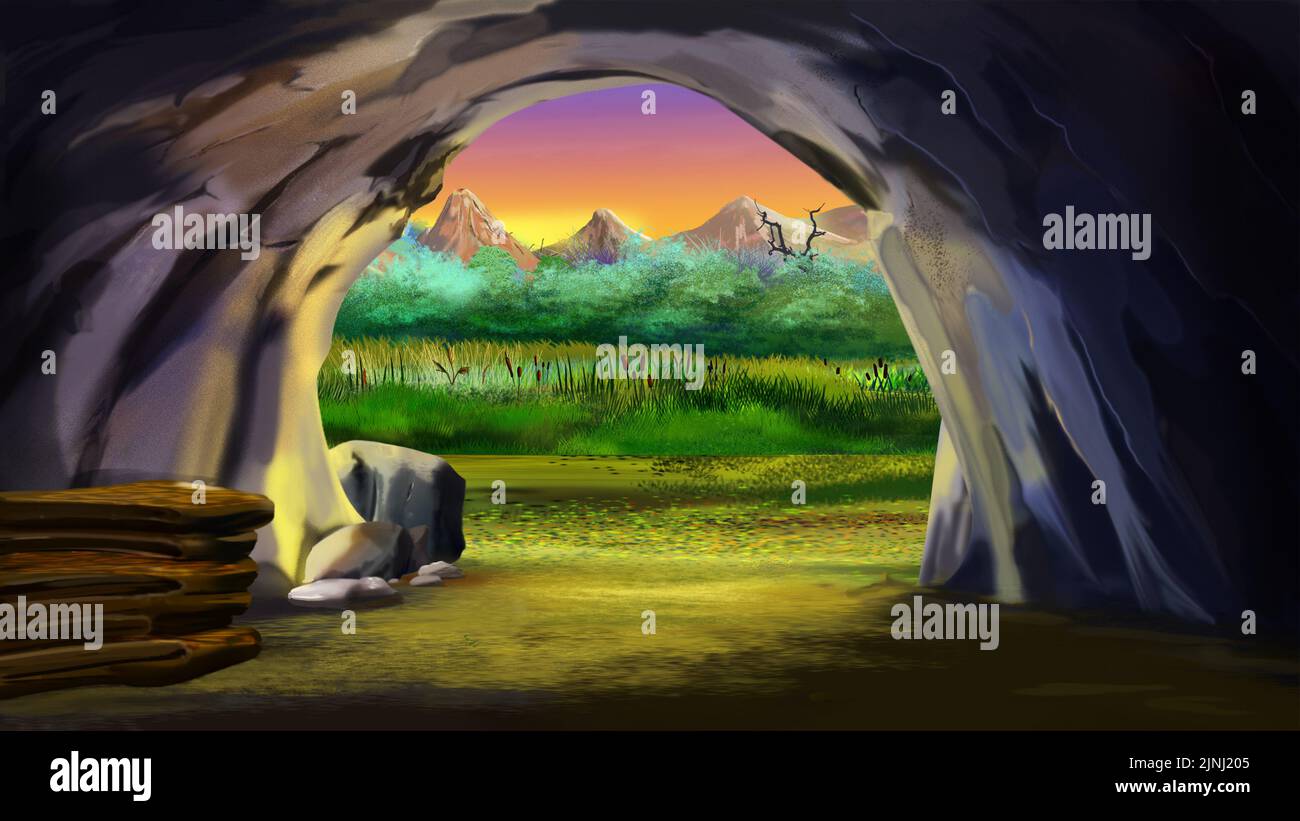 Caveman cave in prehistoric era. Digital Painting Background ...
