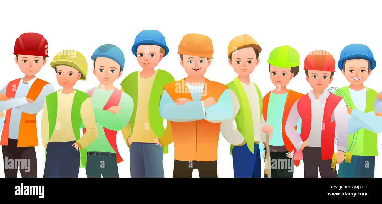 Little boys builder in vest and protective helmet. Guy worker. Standing ...