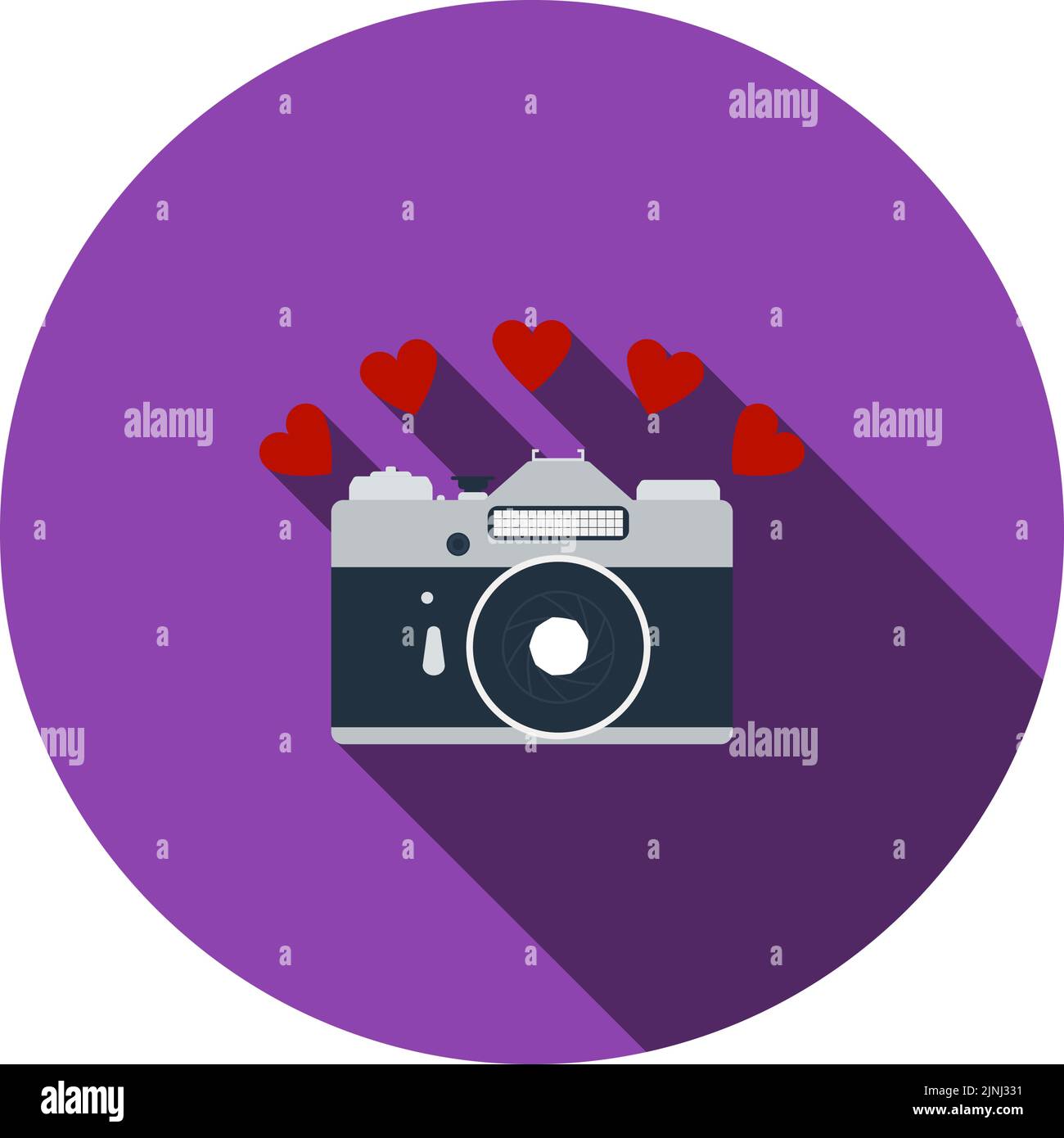 Camera With Hearts Icon Flat Circle Stencil Design With Long Shadow