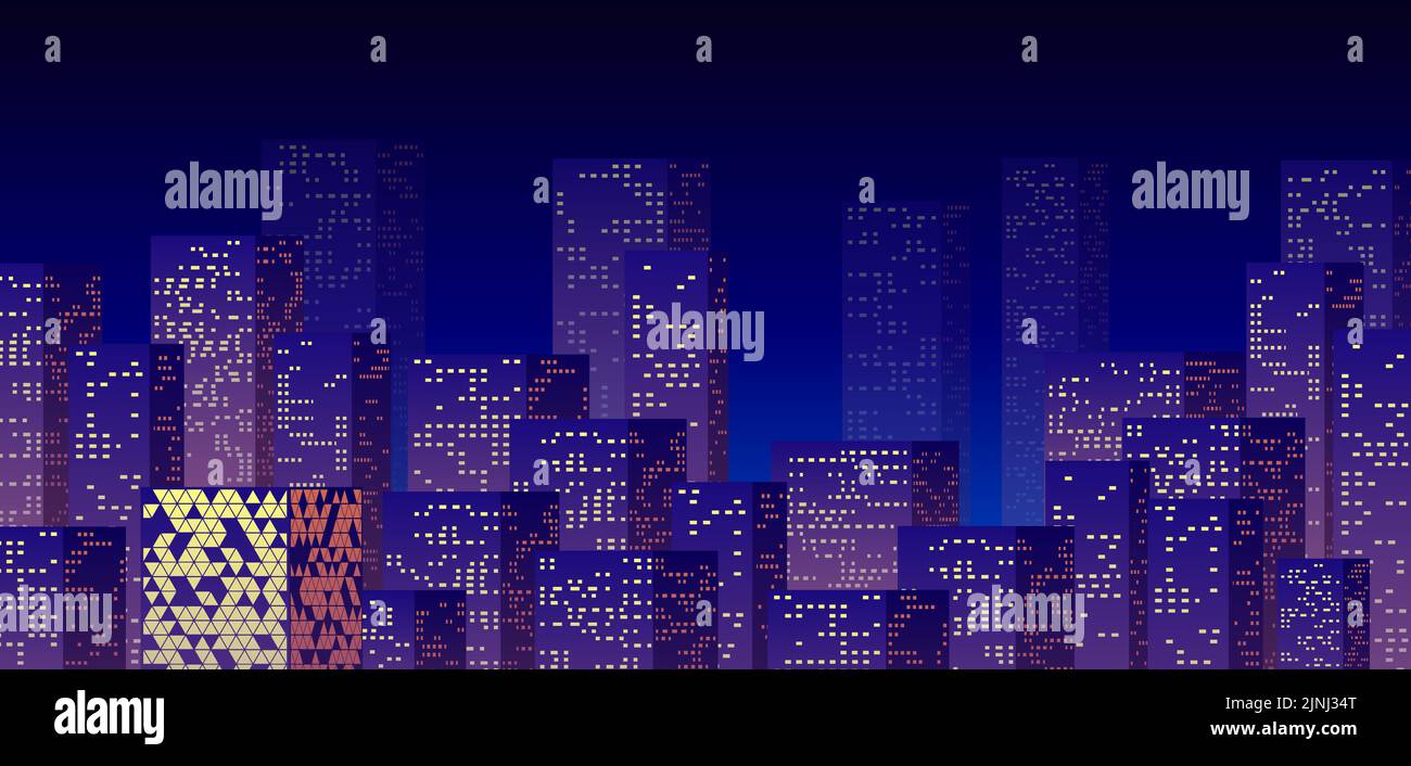 Neon night in the business city with skyscrapers. Purple highrise ...