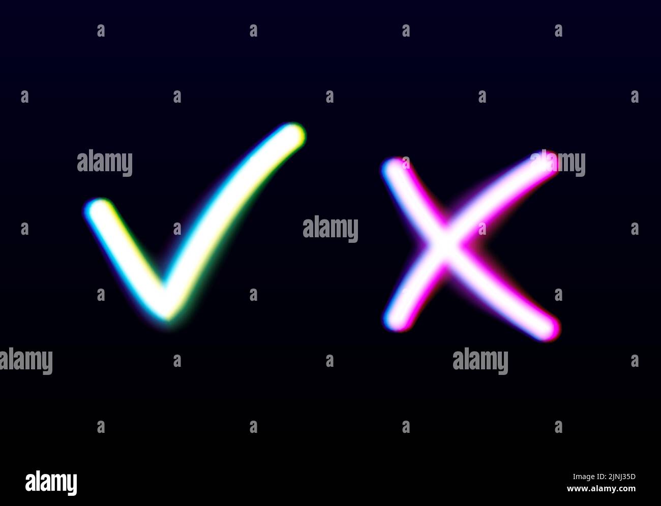 Neon glowing yes and no checkmarks. Shiny check and cross signs. Vote ...