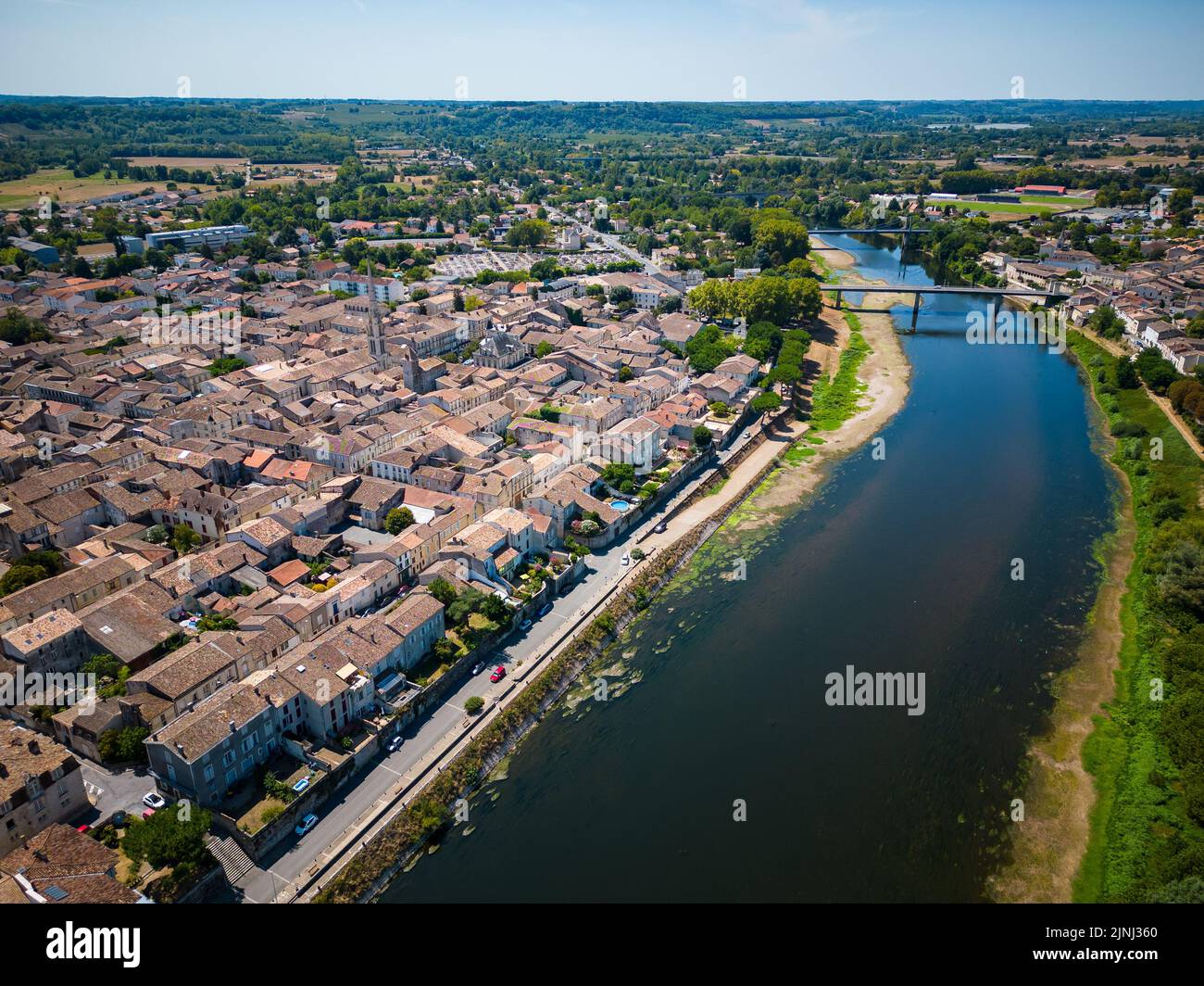 Aerial view of Sainte Foy la Grande and Dordogne river, Gironde, France ...