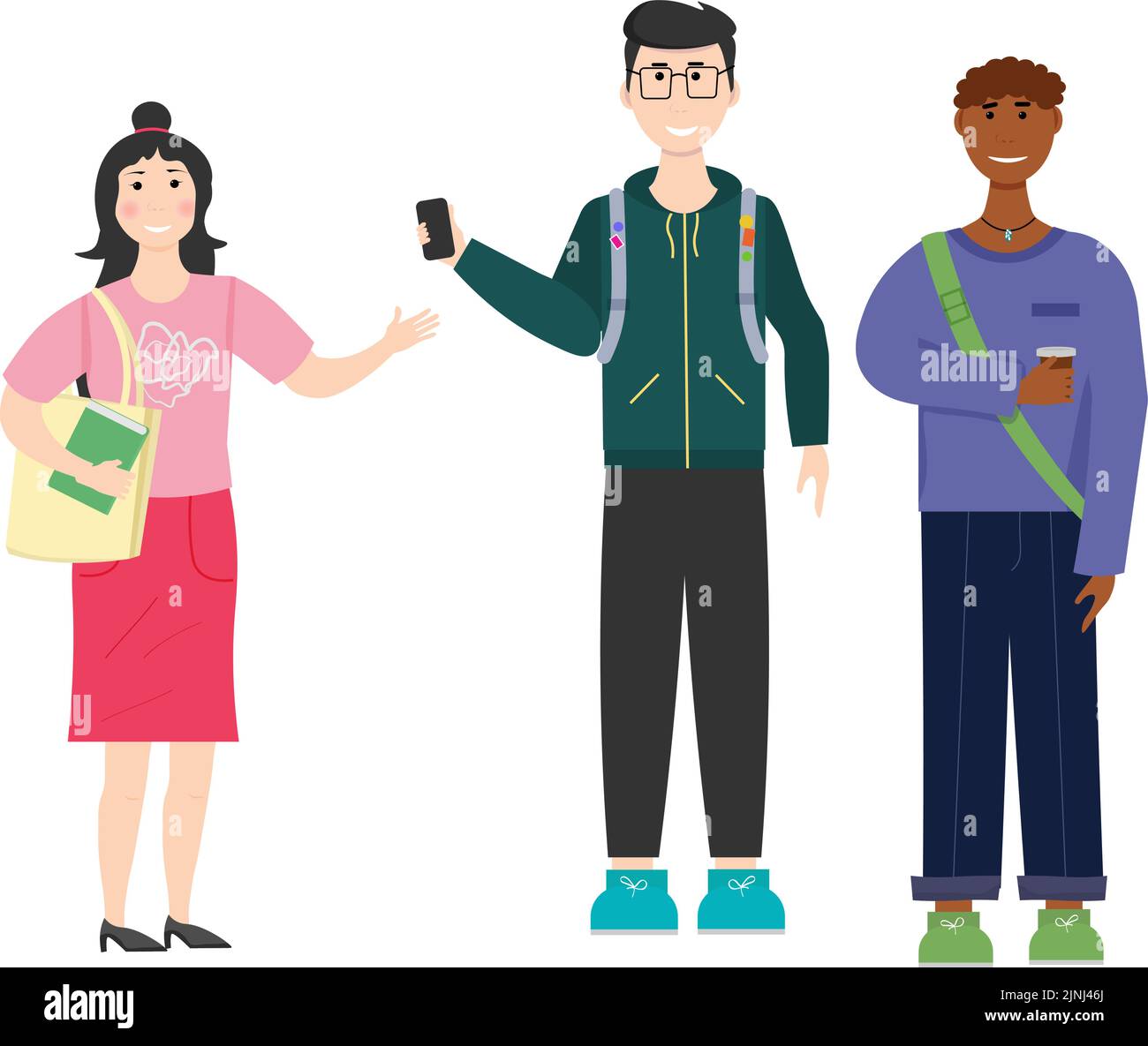 Meeting friends of students. The girl and the boys go to school. Vector ...