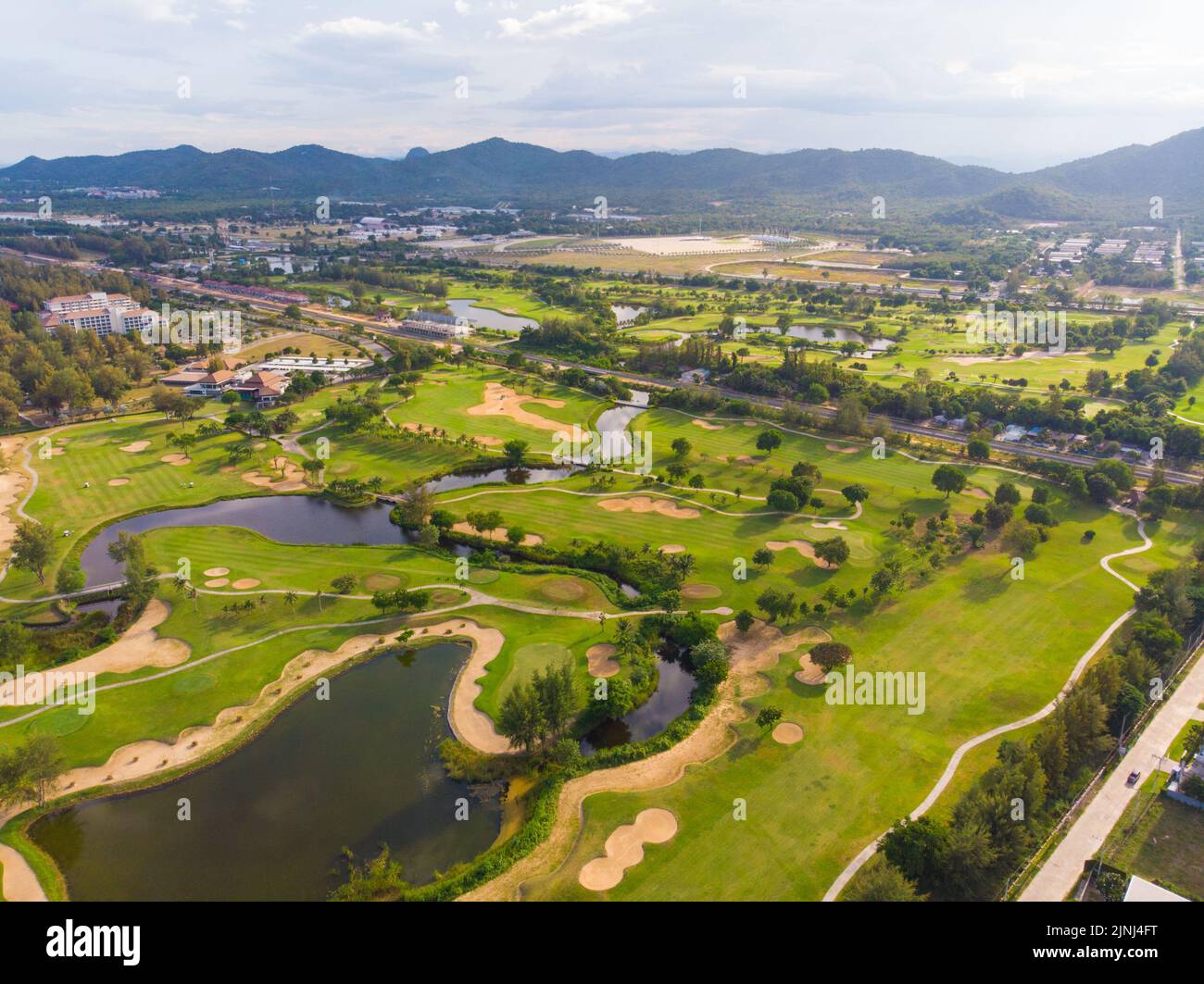Golf course aerial view green grass near sea beach sport activity Stock ...