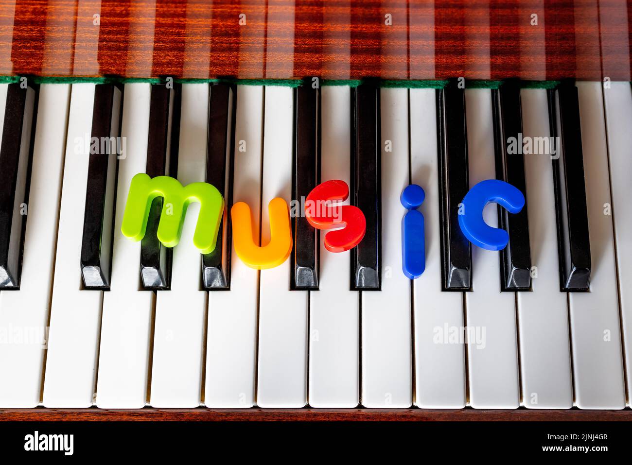 Poster with the word music. Letters and musical notes on the piano ...