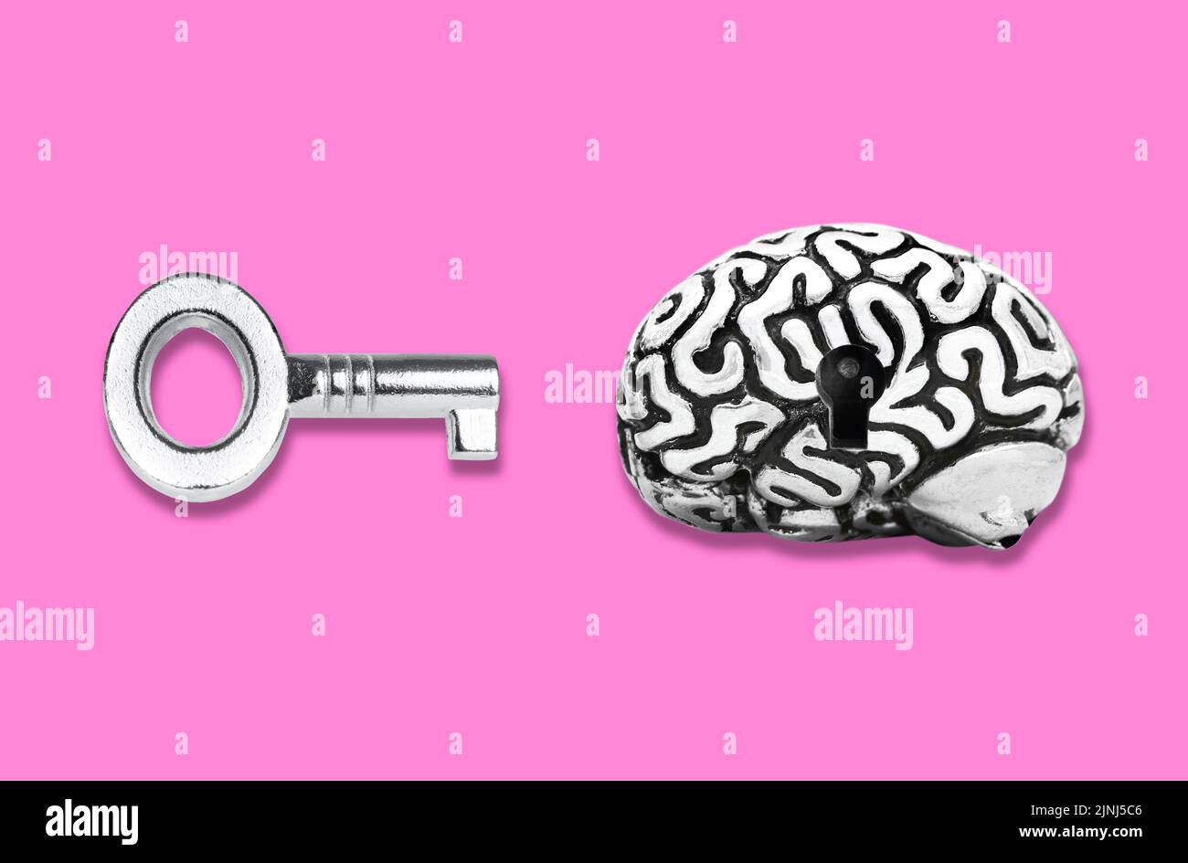 Human brain with a keyhole and a master key isolated on pink background ...