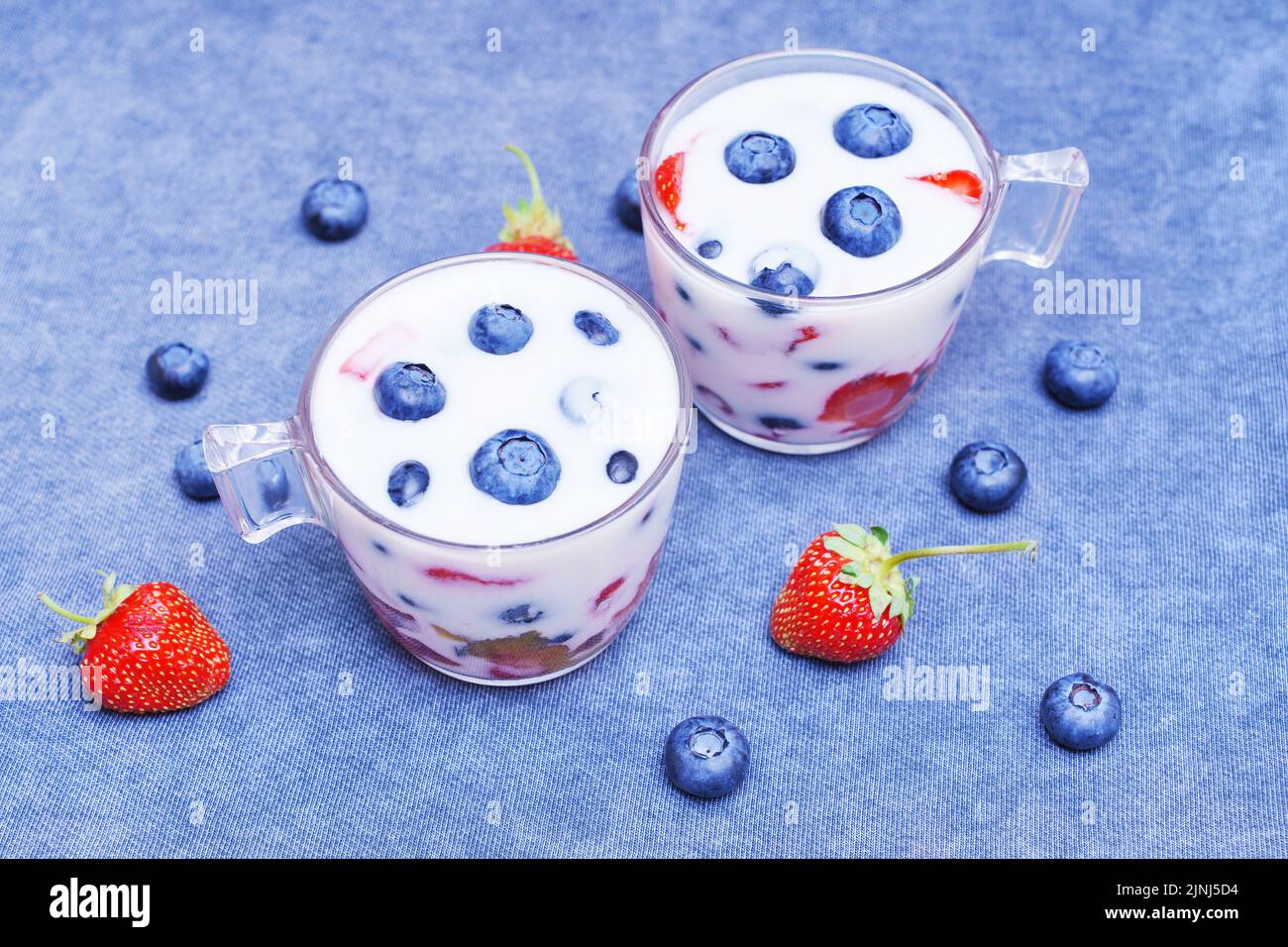 Yogurt desserts with fresh berries on a blue background. Organic ...