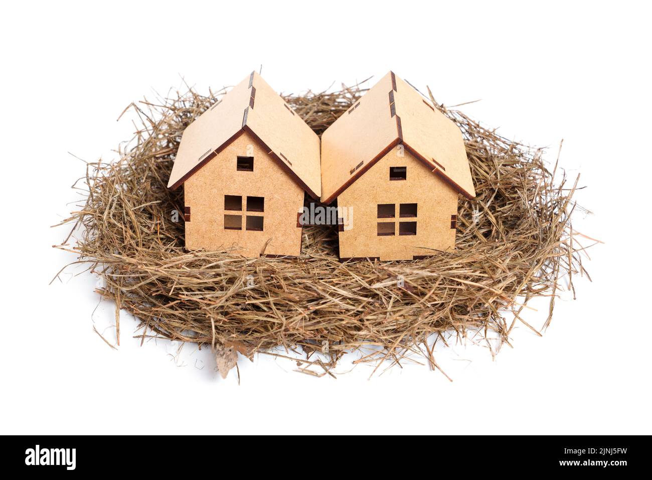 Two small wooden house models in a bird's nest isolated on white. Sweet ...