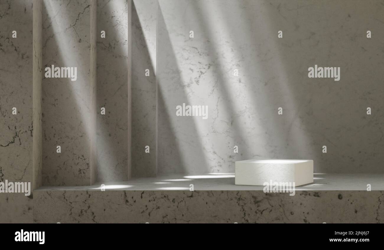 Stone cube pedestal on luxury marble platform with light and shadow ...