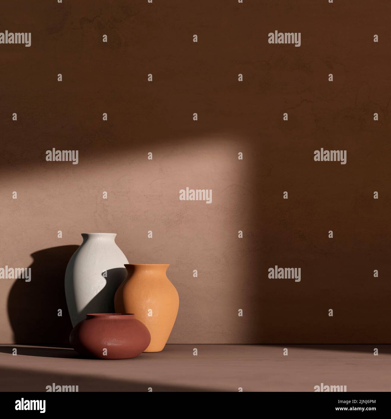 Architecture background with clay pots on concrete wall interior ...
