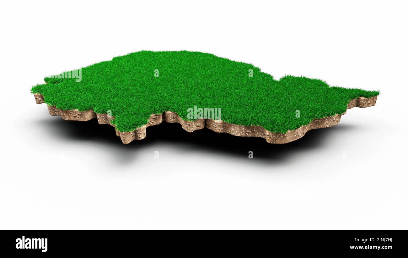 A 3D rendering of Cambodia Map with grassy land and rock ground texture ...