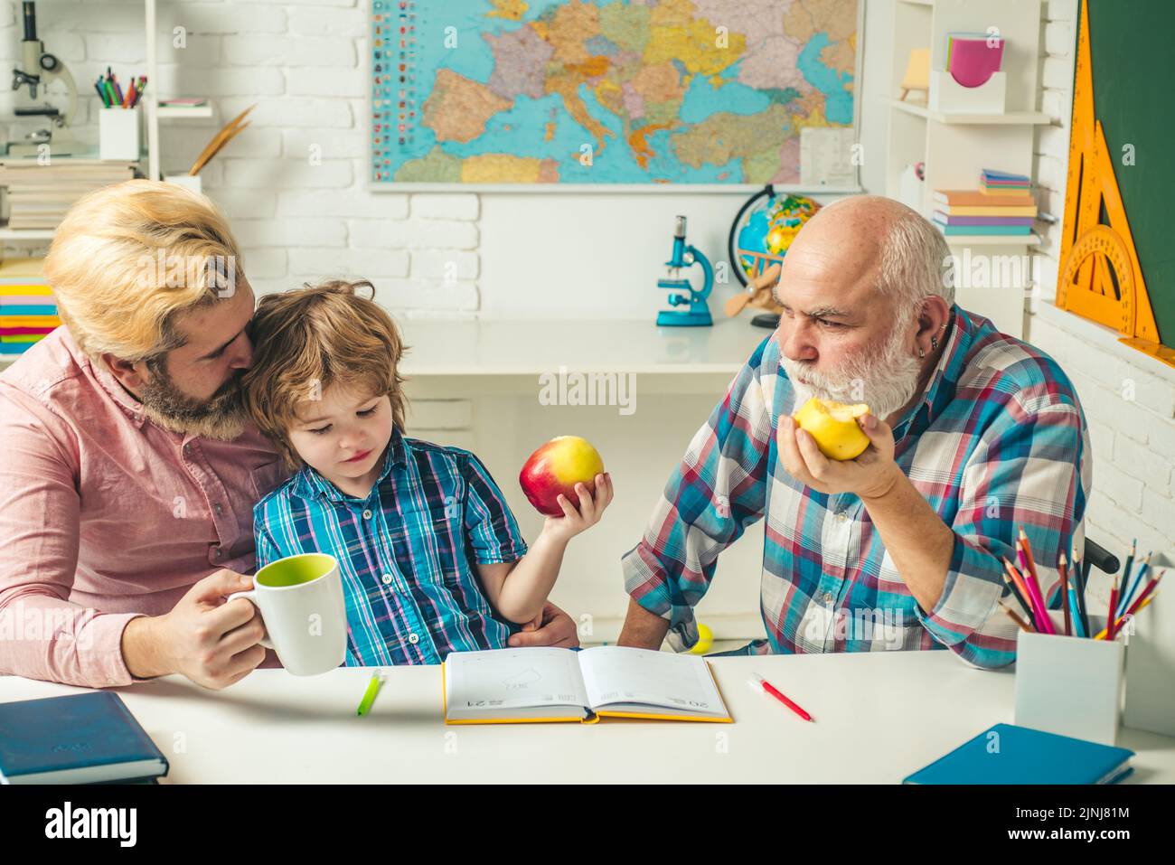 Grandfather father and grandson boy, men generation. Three different ...