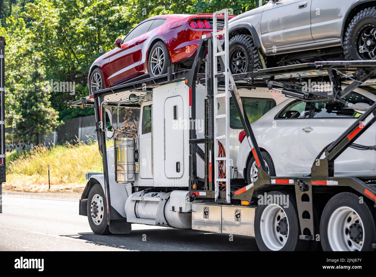 Powerful popular industrial standard car hauler big rig white semi ...