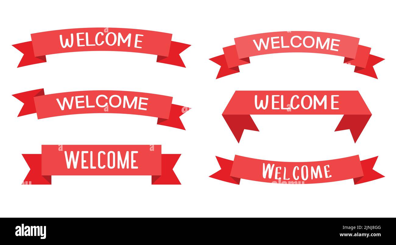 Welcome sign letters with red ribbon background. Welcome banner set ...