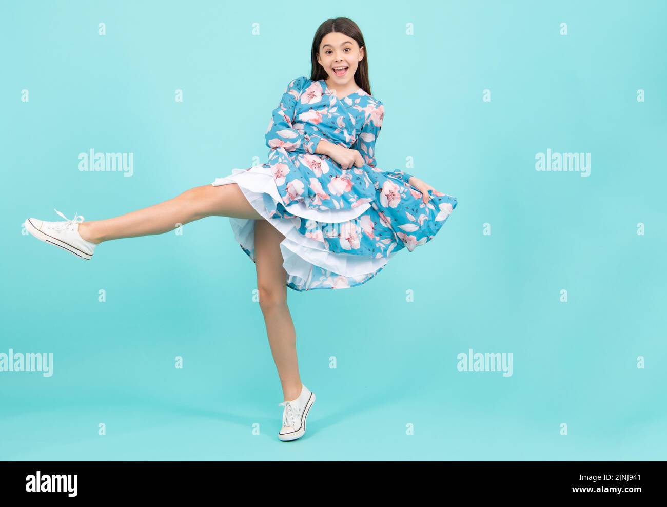 Full size length of young brunette girl teen student jump run go move ...