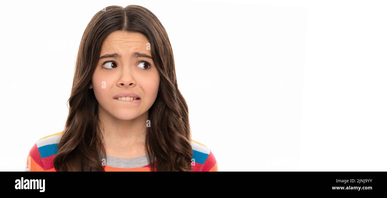 Feeling anxious. Nervous girl portrait isolated on white. Child face ...