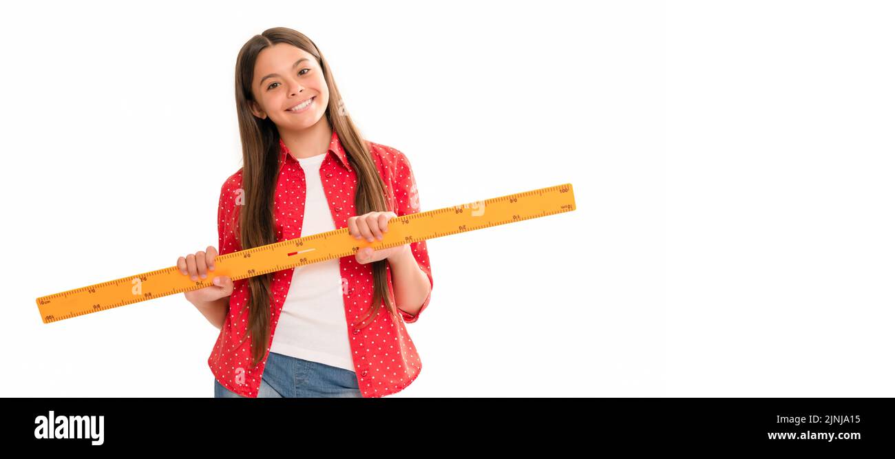 happy kid hold ruler study geometry at school isolated on white, school ...