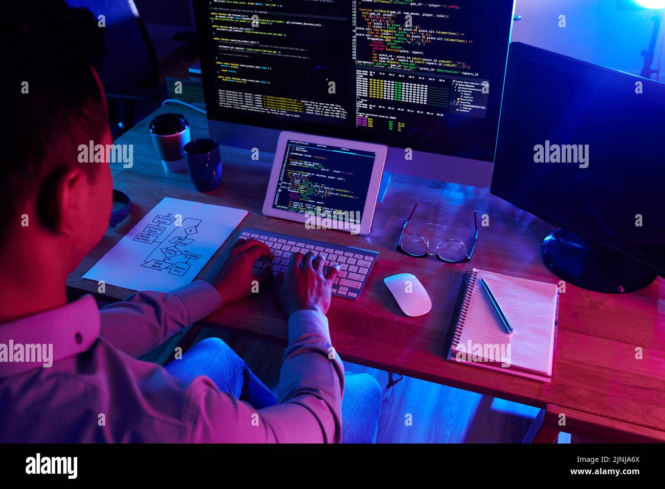 Over shoulder view of hard-working programmer wearing shirt sitting in ...