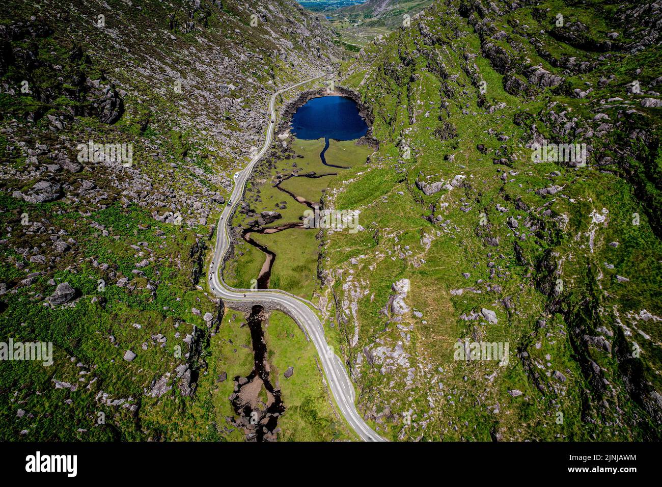 Aerial view of Gap of Dunloe, also known as Bearna an Choimin, a narrow ...