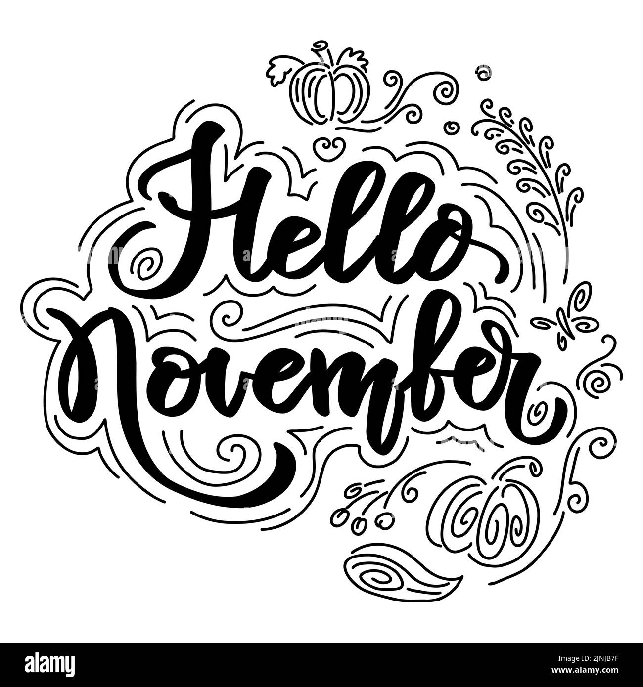 Hello november hand lettering phrase with doodle graphic. Black vector ...
