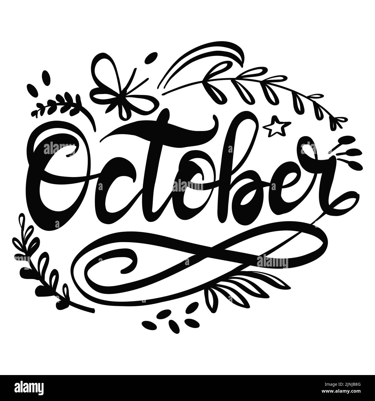 October hand lettering phrase with leaves doodle graphic. Vector ...