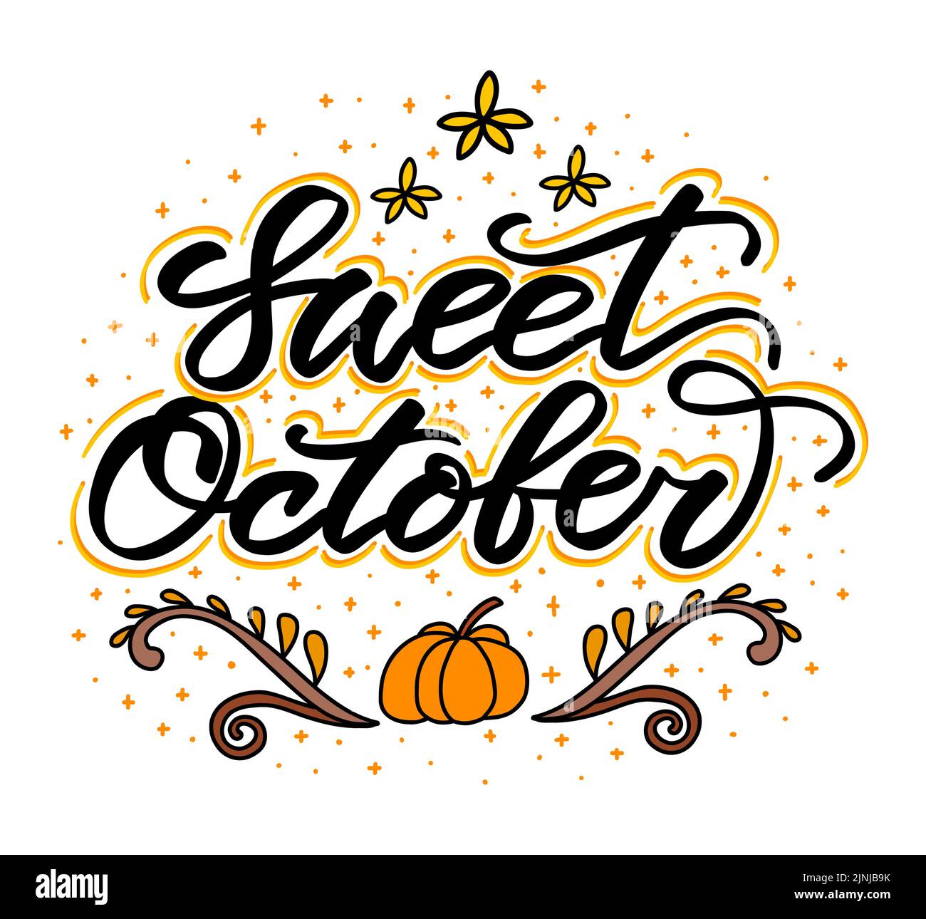 Sweet october hand lettering phrase with doodle leaves. Black vector ...