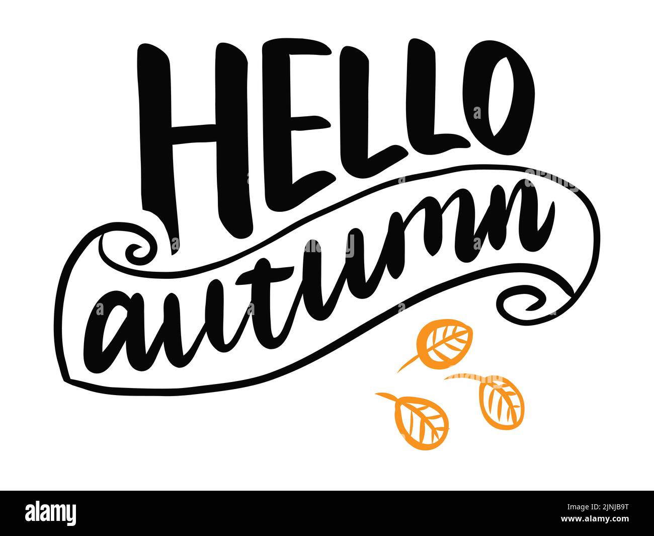 Hello autumn hand lettering phrase with orange leaves. Black vector ...