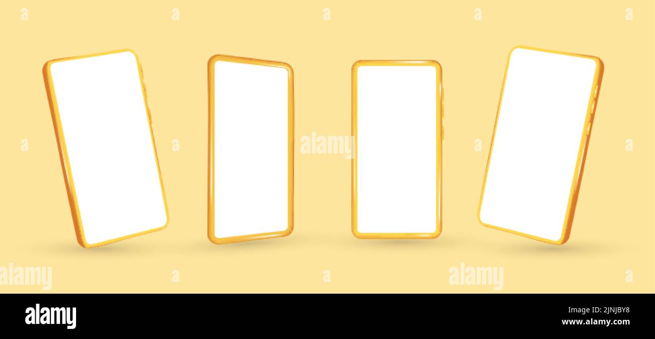 Set yellow smartphone mockup, 3D vector template set. Mobile phone ...