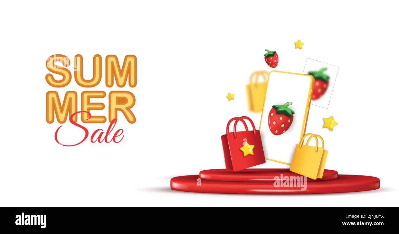 Abstract Summer sale banner background with smartphone, strawberries ...
