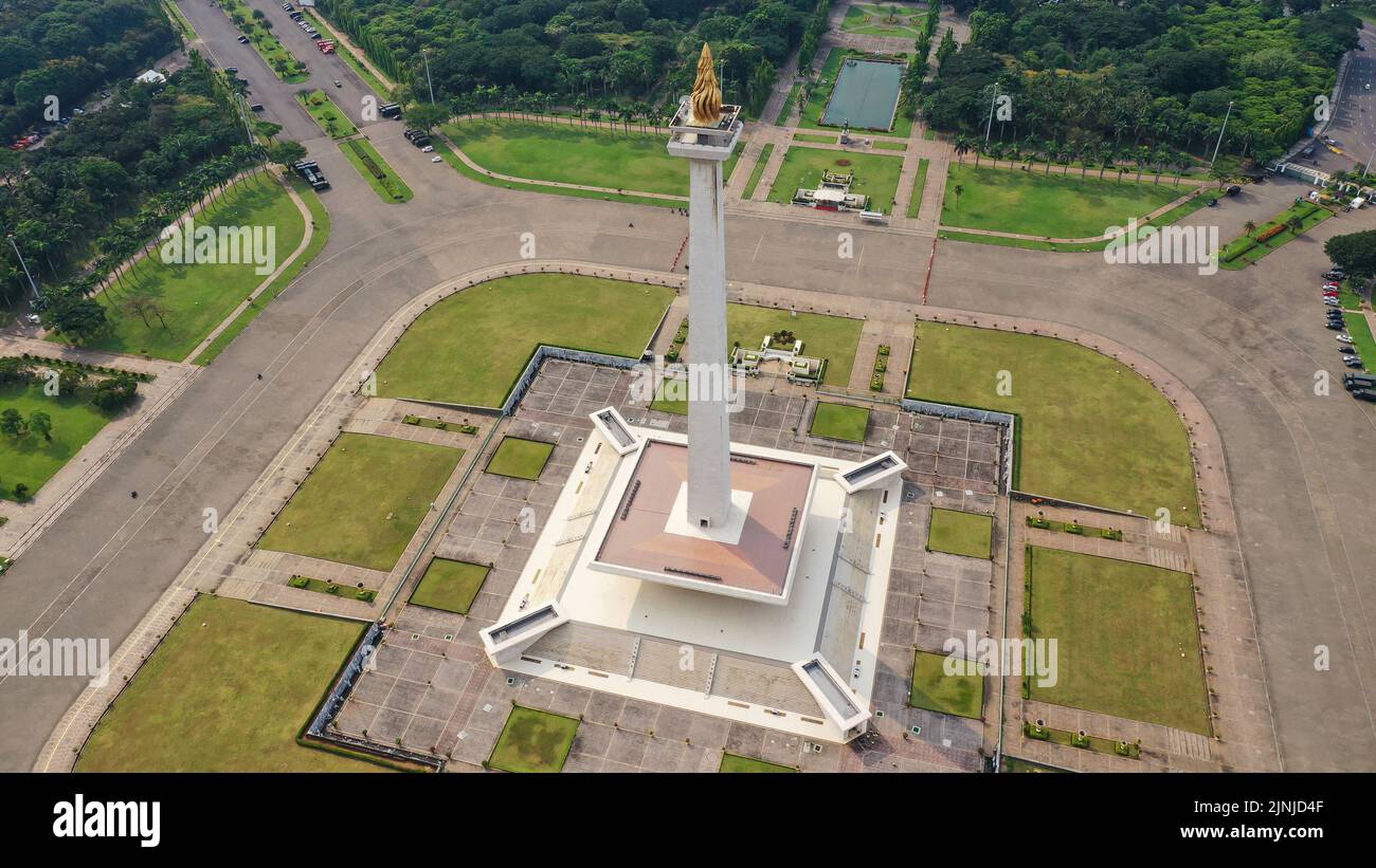 Aerial landscape front view shot of Taman Monas. National Monument Park ...