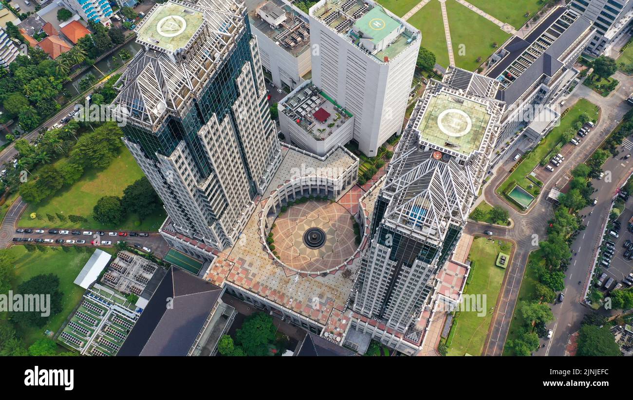 Top down view of helicopter landing pad on the roof of modern ...
