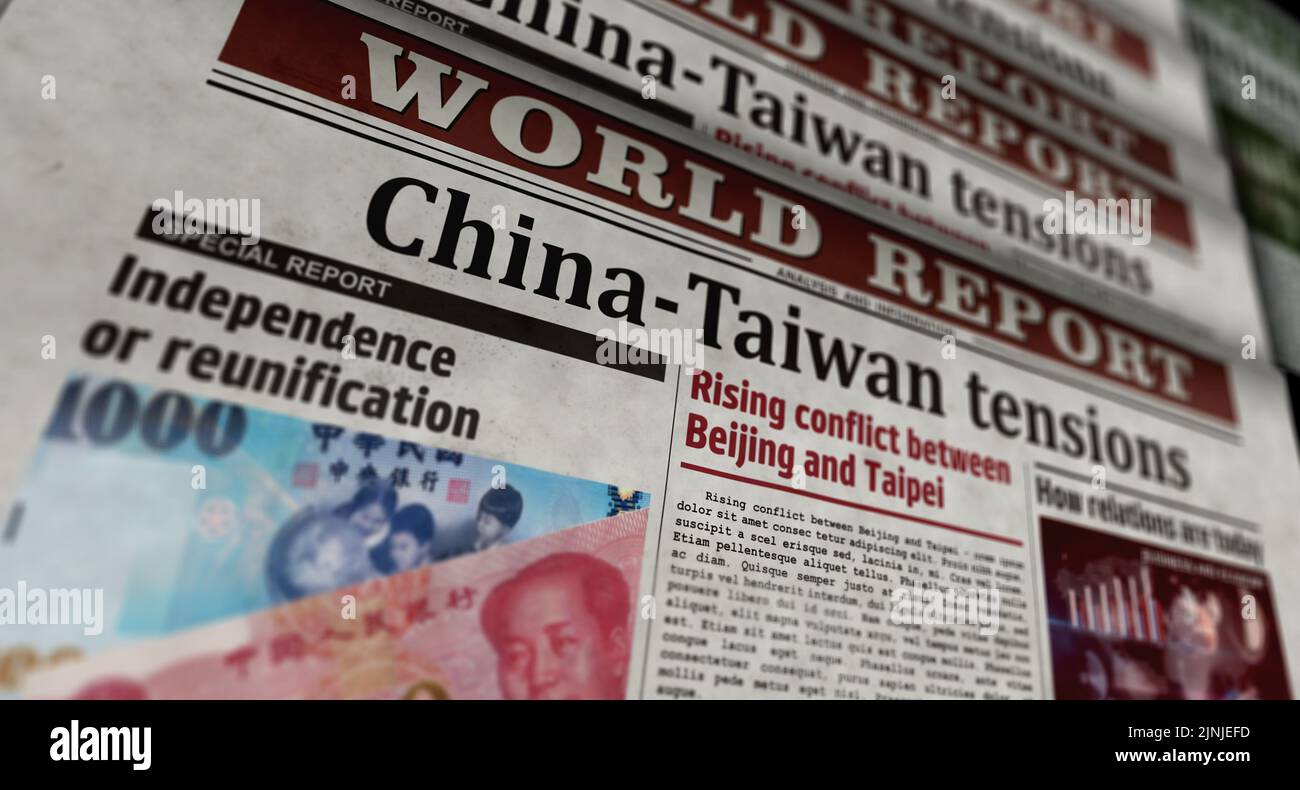 China and Taiwan tensions, conflict and crisis. Newspaper print ...