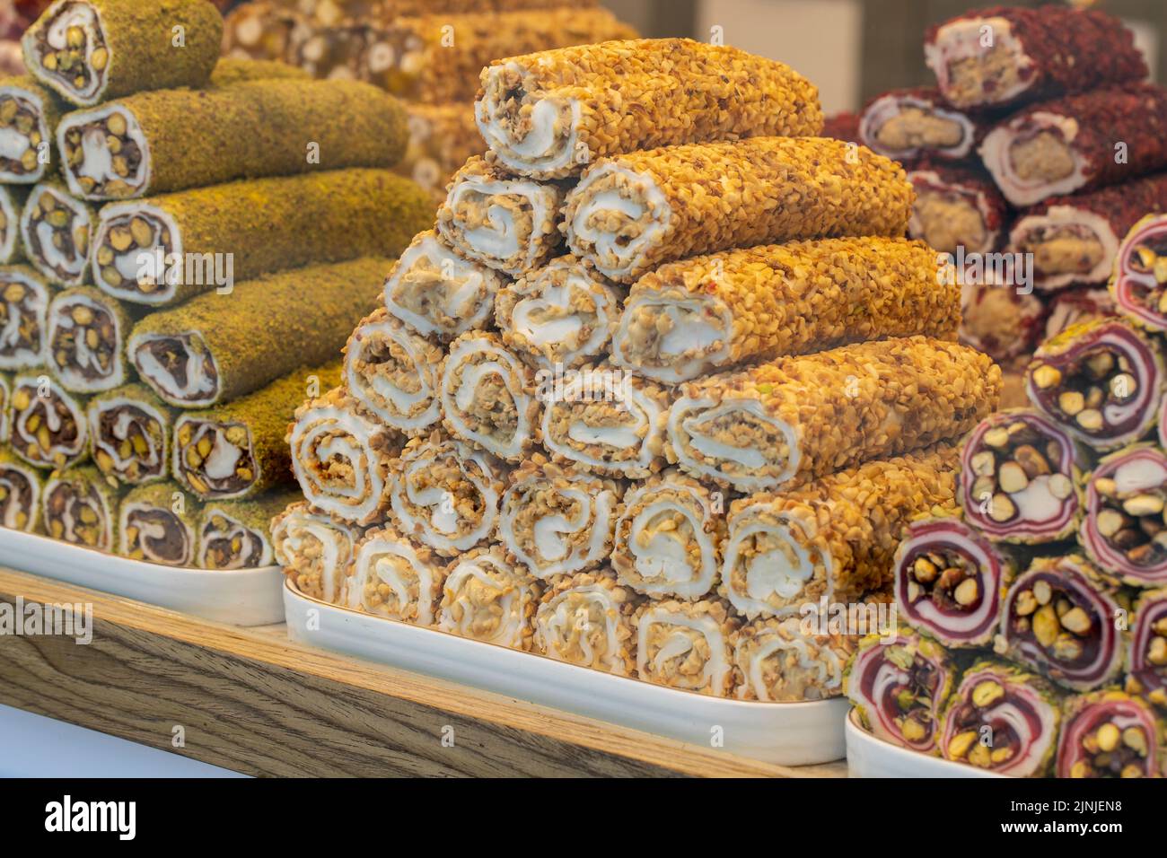 Turkish delight varieties. Turkish delights displayed on the counter ...