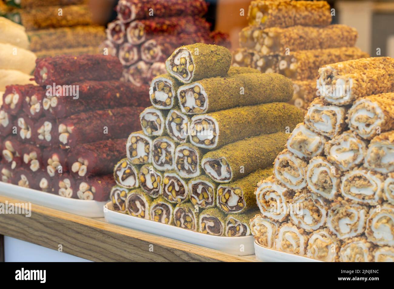 Turkish delight varieties. Turkish delights displayed on the counter ...